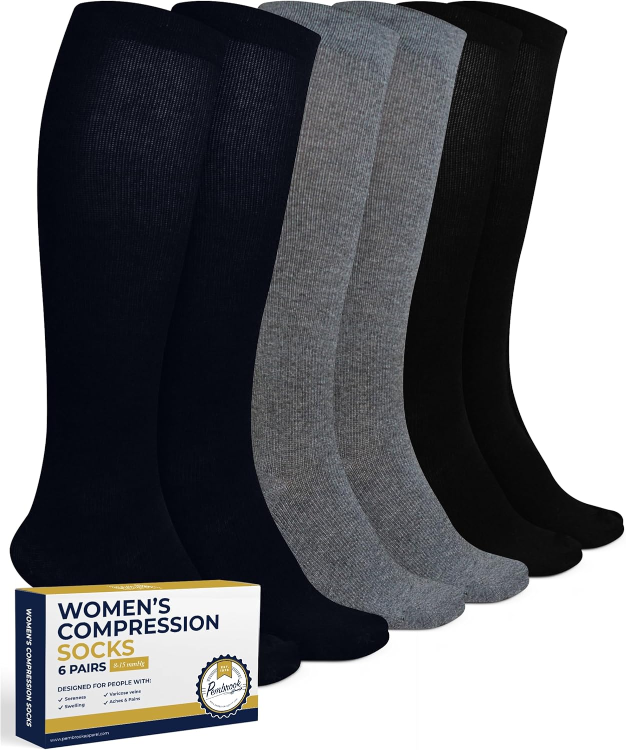 Pembrook Womens Compression Socks 6 Pack | 8-15 Mmhg Graduated Support ...
